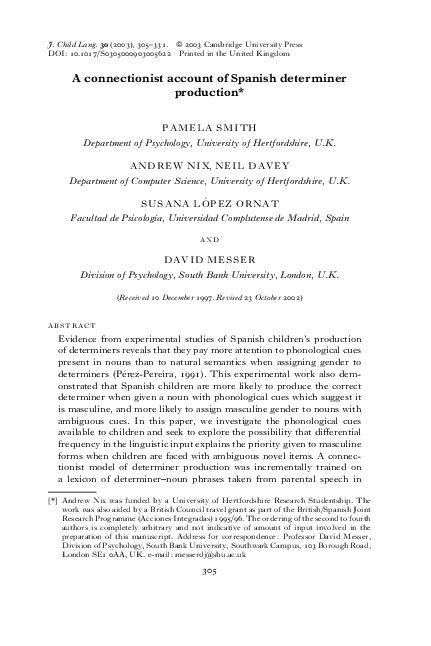 Pdf A Connectionist Model Of Spanish Determiner Production