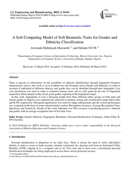 Pdf A Soft Computing Model Of Soft Biometric Traits For Gender And Ethnicity Classification