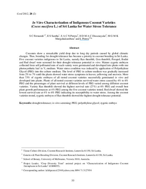 Pdf In Vitro Characterization Of Indigenous Coconut Varieties Cocos Nucifera L Of Sri Lanka