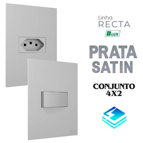 Conjunto Tomada 10a 20a Recta Satin Prata Fosco Blux 4x2 Interruptor