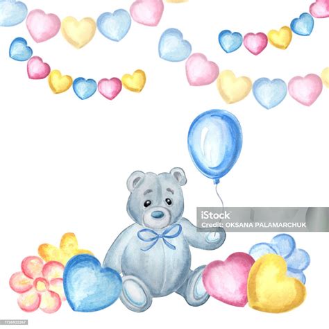 파란 풍선 다색 하트 꽃 화려한 하트 화환이 있는 활에 테디베어의 구성 디자인 직물 포장을 위한 흰색 배경에 수채화 손으로 그린 그림 0명에 대한 스톡 벡터 아트 및 기타