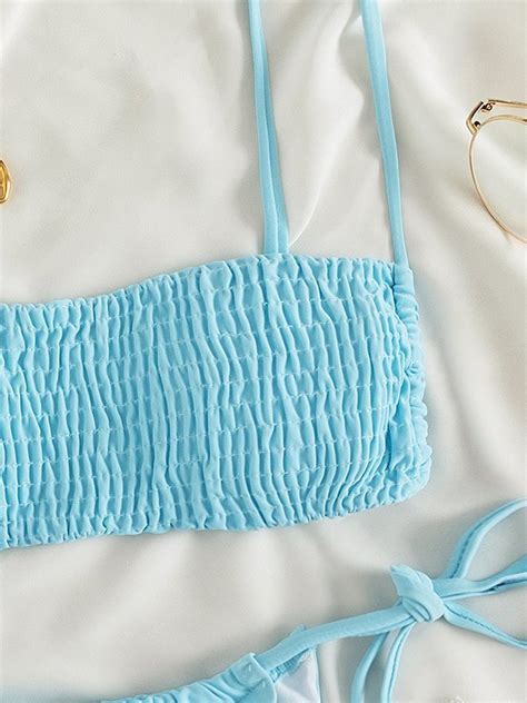 Emmiol Free Shipping 2024 Lace Up Smocked Bikini Set Blue M In Bikini