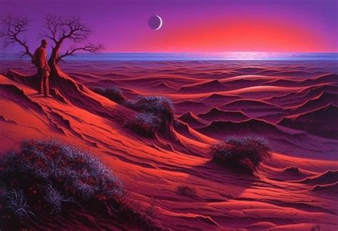 Una pintura de un desierto con una puesta de sol y un árbol en primer plano Foto Premium