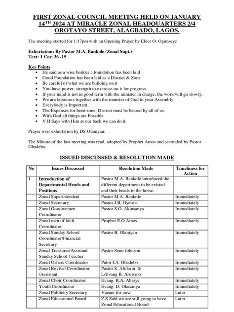 First Zonal Council Meeting Held On January 14th 2024 At Miracle Zonal