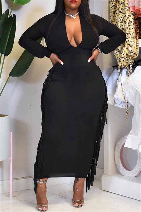 Plus Size Casual Solid Tassel V Neck Long Sleeve Dresses Long Sleeve
