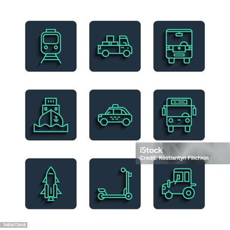 화재 스쿠터 트랙터 버스 택시 차량 화물 기차 및 철도 및 아이콘으로 로켓 우주선을 설정하십시오 벡터 Launch Party에 대한 스톡 벡터 아트 및 기타 이미지 Istock