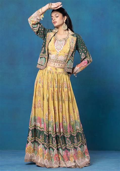 Buy Women Dark Green Abstract Print Jacket Set With Embellished Blouse