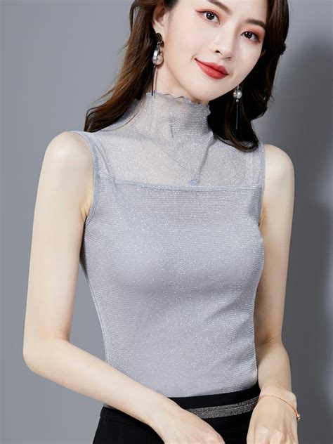 蕾丝高领网纱打底衫女2023春夏新款亮丝紧身内搭上衣无袖t恤薄款虎窝淘