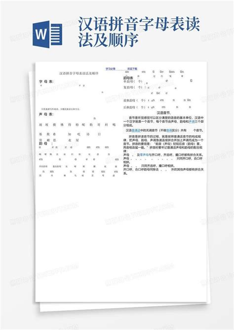 汉语拼音字母表读法及顺序Word模板下载 编号qpdjnvny 熊猫办公