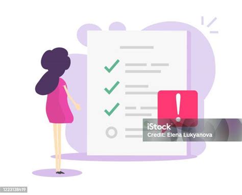 중요한 작업 또는 주요 주요 체크 마크 메모 벡터 평면 그림과 종이 양식및 여성 사람 또는 예약 된 의제 체크리스트에 체크 리스트 알림 통지 메시지를 할 개념에 대한 스톡
