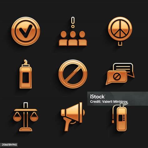 금지 설정 메가폰 소화기 말풍선 채팅 정의의 저울 페인트 스프레이 캔 평화 및 체크 표시 라운드 아이콘 벡터 Brand Name Online Messaging