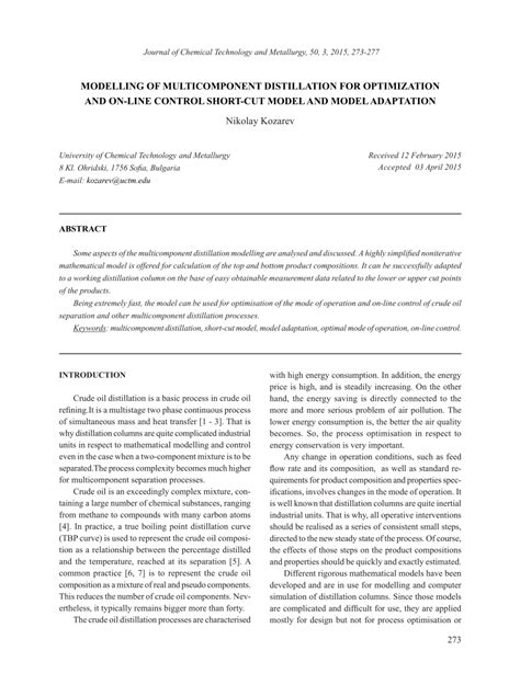 Pdf Modelling Of Multicomponent Distillation For Optimization And On