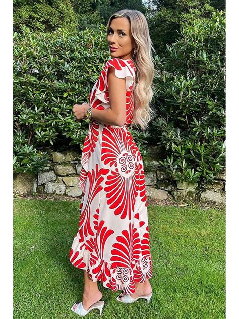 Ax Paris Abstract Print Wrap Over High Low Frill Hem Midi Dress Burnt
