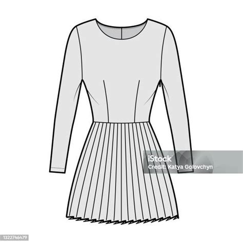드레스 주름 테크니컬 패션 일러스트와 긴 소매 몸에 맞는 미니 길이 스커트 플랫 의류 전면 0명에 대한 스톡 벡터 아트 및 기타 이미지 Istock
