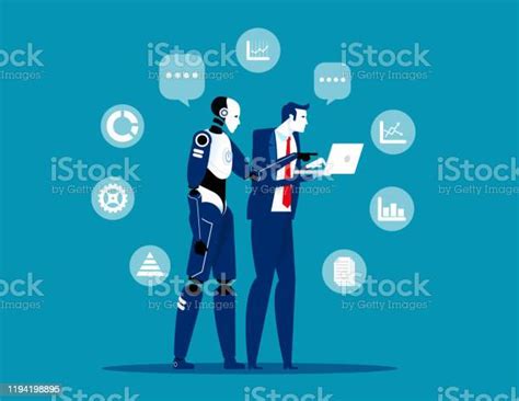 로봇과 인간은 사무실에서 일합니다 개념 비즈니스 인공 지능 기술 벡터 일러스트 인간 대화 형 기술 상호 작용 인공지능에 대한