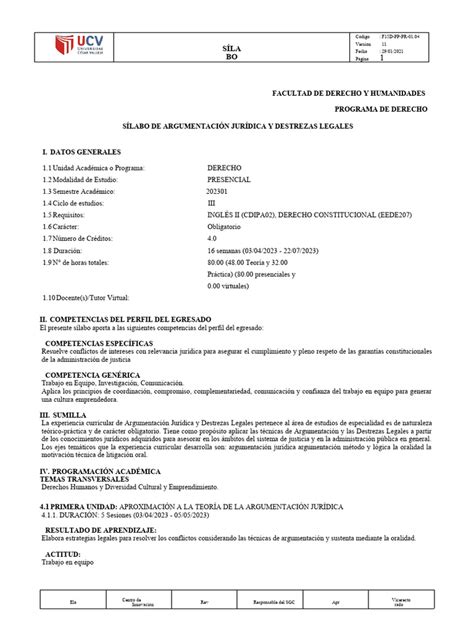 Sílabo De Argumentación Jurídica Y Destrezas Legales Pdf