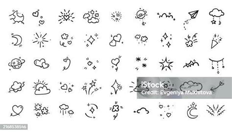 귀여운 낙서 벡터 손으로 그린 낙서 구름 태양 달 별 마음 구름 별 태양 및 기타 요소의 집합 0명에 대한 스톡 벡터 아트 및 기타 이미지 Istock