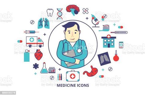 플랫 라인 벡터 일러스트 레이 션 의료 아이콘의 많은 심장 박사 주위 브로셔 및 웹사이트에서 사용할 수 있습니다 간호사에 대한 스톡 벡터 아트 및 기타 이미지 Istock