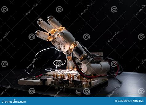 Robotic Arm Grabbing Screwdriver And Installing Screws On Circuit Board Royalty Free Stock Image