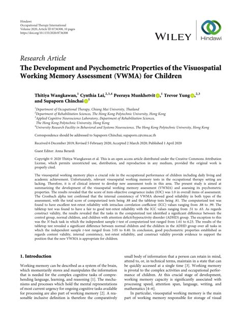 Pdf The Development And Psychometric Properties Of The Visuospatial Working Memory Assessment