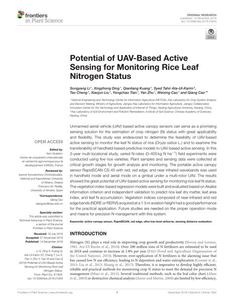 Pdf Potential Of Uav Based Active Sensing For Monitoring Rice Leaf Nitrogen Status