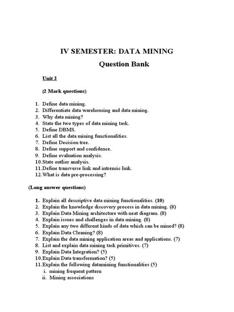 iv semester data mining question bank unit 2 2 mark questions pdf