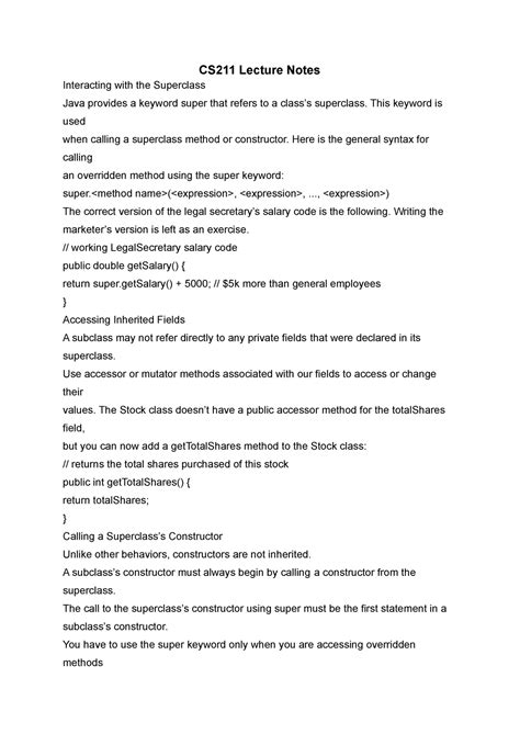 Cs Lecture Notes Chapt Pt Cs Lecture Notes Interacting With The Superclass Java