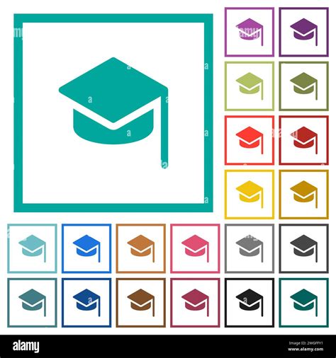 Graduation Hat Solid Flat Color Icons With Quadrant Frames On White Background Stock Vector