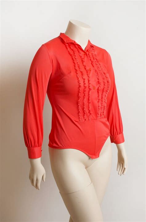 Vintage 1970s Nylon Bodysuit Bright Cherry Red Tuxe Gem