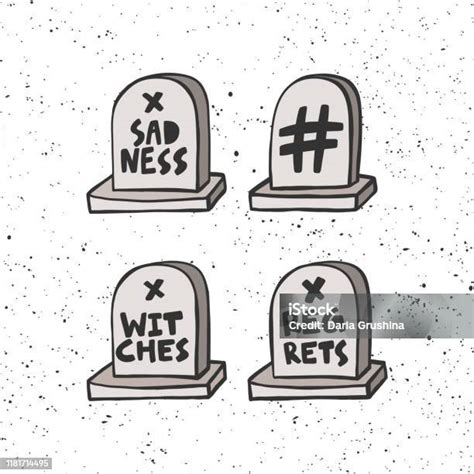 단어 슬픔과 무덤 돌6 마녀 후회 소셜 미디어 콘텐츠에 대 한 할로윈 스티커입니다 벡터 손으로 그린 일러스트 디자인입니다 10월에 대한 스톡 벡터 아트 및 기타 이미지