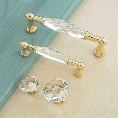 378 5 Gold Clear Crystal Kitchen Handles Knob Drawer Pull Knob Glass Dresser Handles Pulls