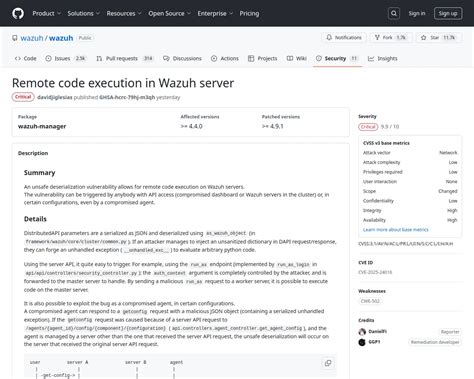 Remote Code Execution In Wazuh Server 漏洞信息cve 2025 24016 By 漏洞平台