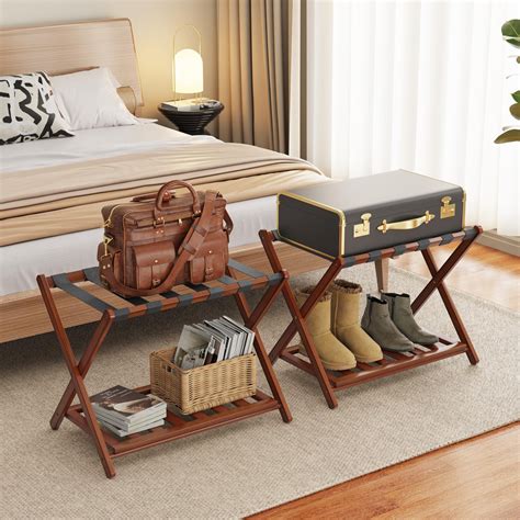 Bamboohomie 2 Pack Bamboo Luggage Rack For Guest Room Wide Suitcase