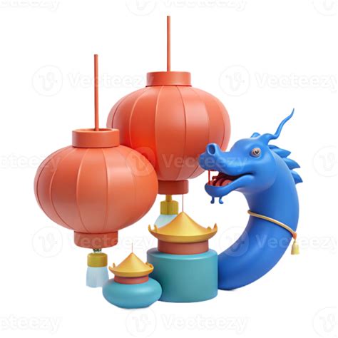 Red Lanterns And A Blue Dragon Festive 3d Illustration 52570494 Png