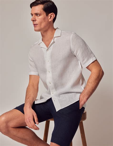 Mens White Linen Slim Short Sleeve Shirt Revere Collar