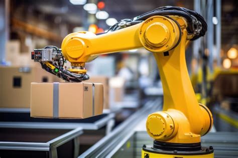 Premium Ai Image Industrial Robot Arm Grab To Package The Cardboard Box On Roller Conveyor