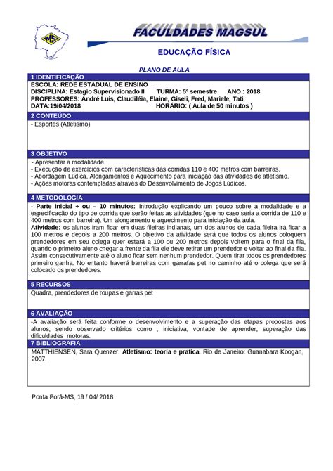 Plano De Aula Educação Física 1 Ano Braincp
