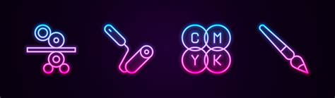 인쇄기 페인트 롤러 브러시 Cmyk 색상 혼합 및 인쇄기의 세트 회기 롤 빛나는 네온 아이콘 벡터 Cmyk에 대한 스톡 벡터