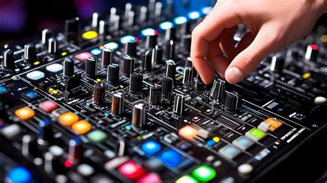 Hand Adjusting Knobs On Colorful Professional Dj Mixer During Live