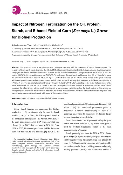 Pdf Impact Of Nitrogen Fertilization On The Oil Protein Starch And