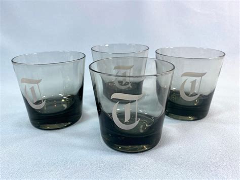 T Monogram Drinking Glasses Smoky Gray Tumblers Water Whiskey