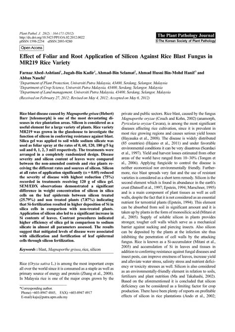 Pdf Effect Of Foliar And Root Application Of Silicon Against Rice Blast Fungus In Mr219 Rice