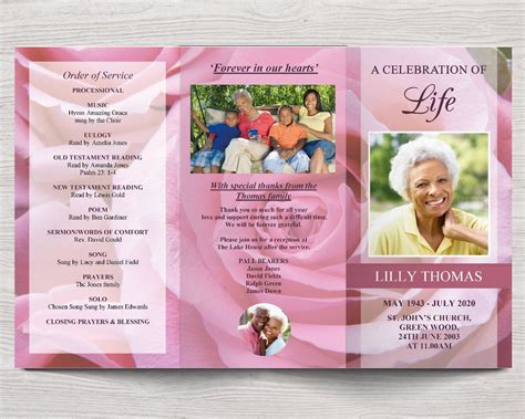 11x17 Trifold Funeral Program Template Pink Rose Funeral Templates