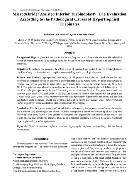 Pdf Microdebrider Assisted Inferior Turbinoplasty The Evaluation