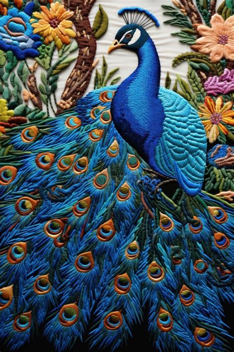 Beautiful Decorative Embroidery Of Peacock Among Plants And Flowers