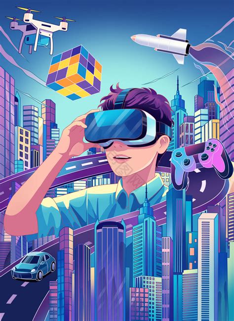 科技插画vr人物城市建筑图片 包图网