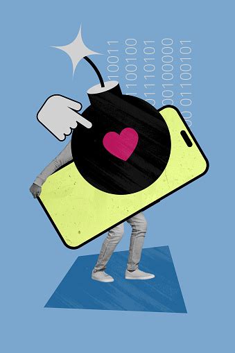 수직 포스터 이미지 아트 콜라주 익명 남자 대신 신체 폭탄 심장 아이콘 같은 알림 전화 장치 인기 콘텐츠 0명에 대한 스톡 사진 및 기타 이미지 Istock
