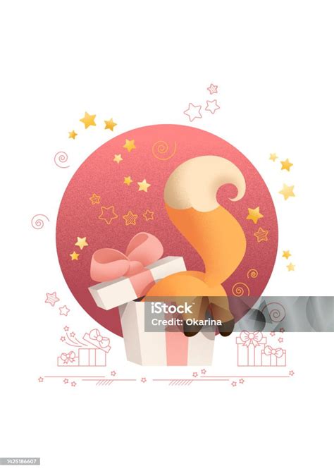 귀여운 작은 여우가 선물 상자에 갇혀있었습니다 별과 함께 다채로운 배경에 귀여운에 대한 스톡 벡터 아트 및 기타 이미지