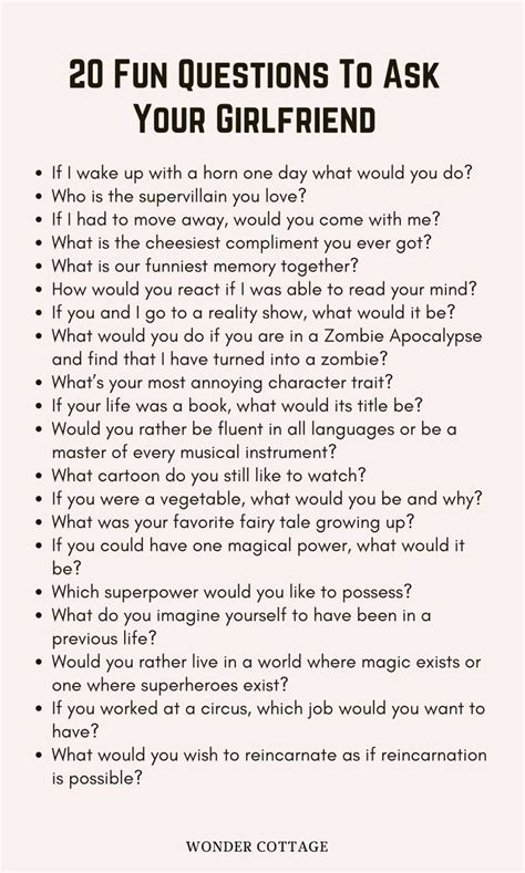 A Question Card With The Words 20 Fun Questions To Ask Your Girlfriend On Its Back