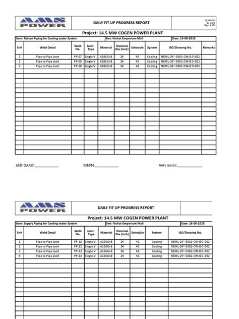 Daily Welding Progress Report Pdf